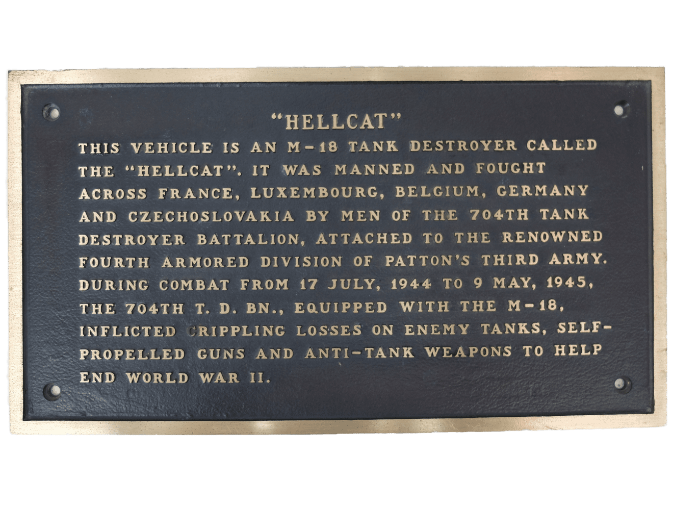 704th TD COMMEMORATIVE PLAQUE - M18 HELLCAT - Military Classic Memorabilia